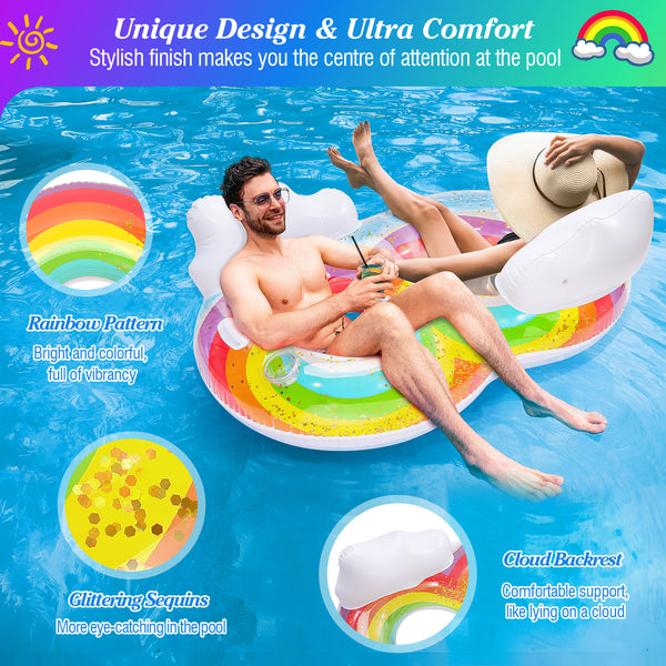 MoKo Pool Floats Adult, 2 Seat Inflatable Chairs, Rainbow Pool Floatie ...