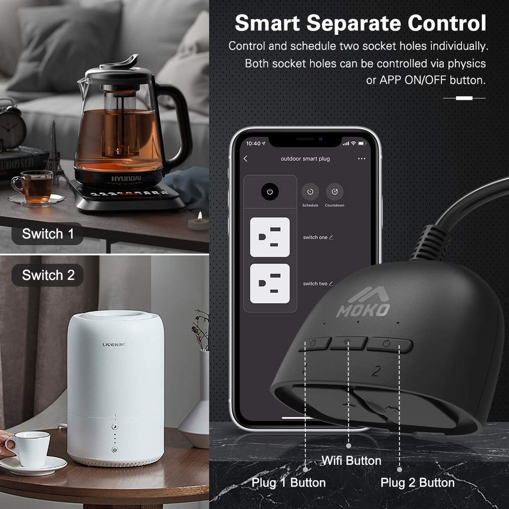 MoKo Outdoor Smart Plug, Waterproof WiFi Outlet with 2 Sockets, Work w ...